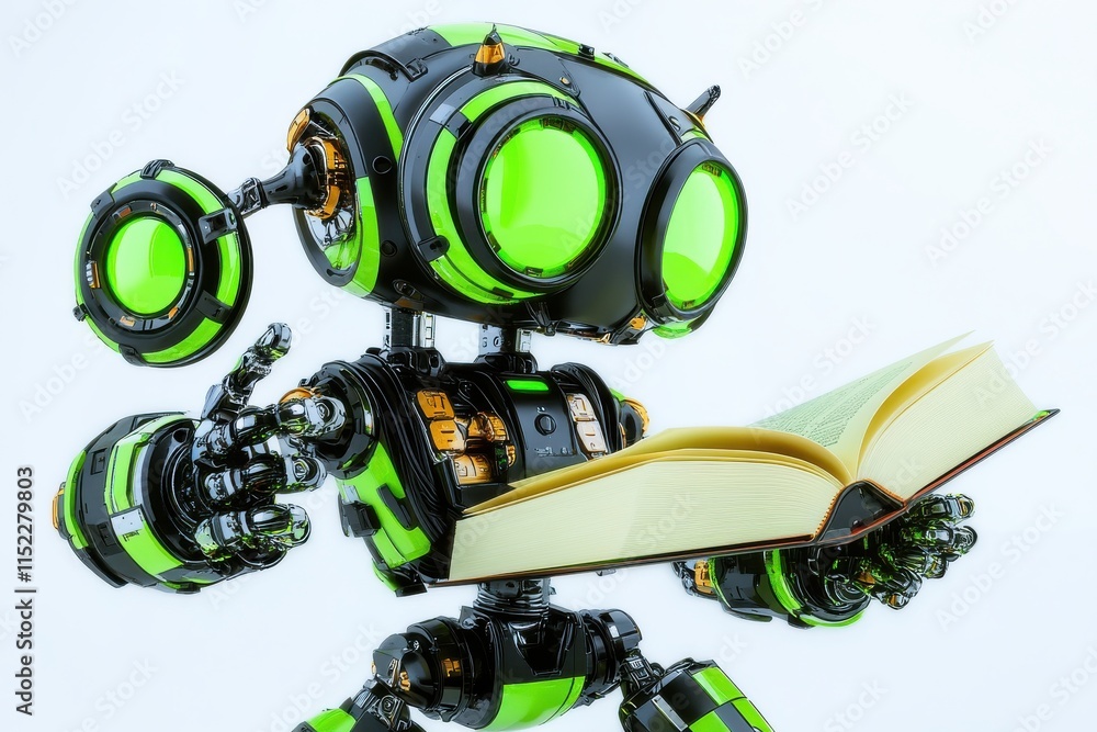 Robotic Figure Holding an Open Book with Both Hands in a Studio Setup ...