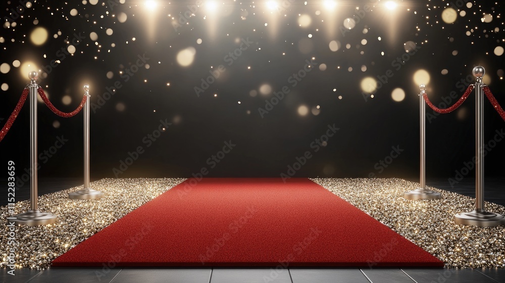 Brightly colored red carpet with falling golden confetti sets a ...