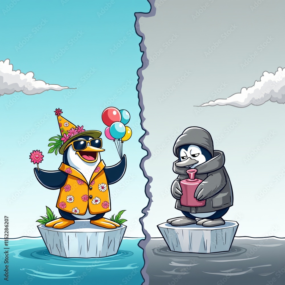 Cartoon illustration of a Penguin Representing Bipolar Depression with ...