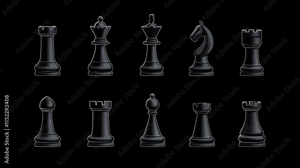 Stock-Illustration „Chess pieces. Black piece logo, rook queen king ...