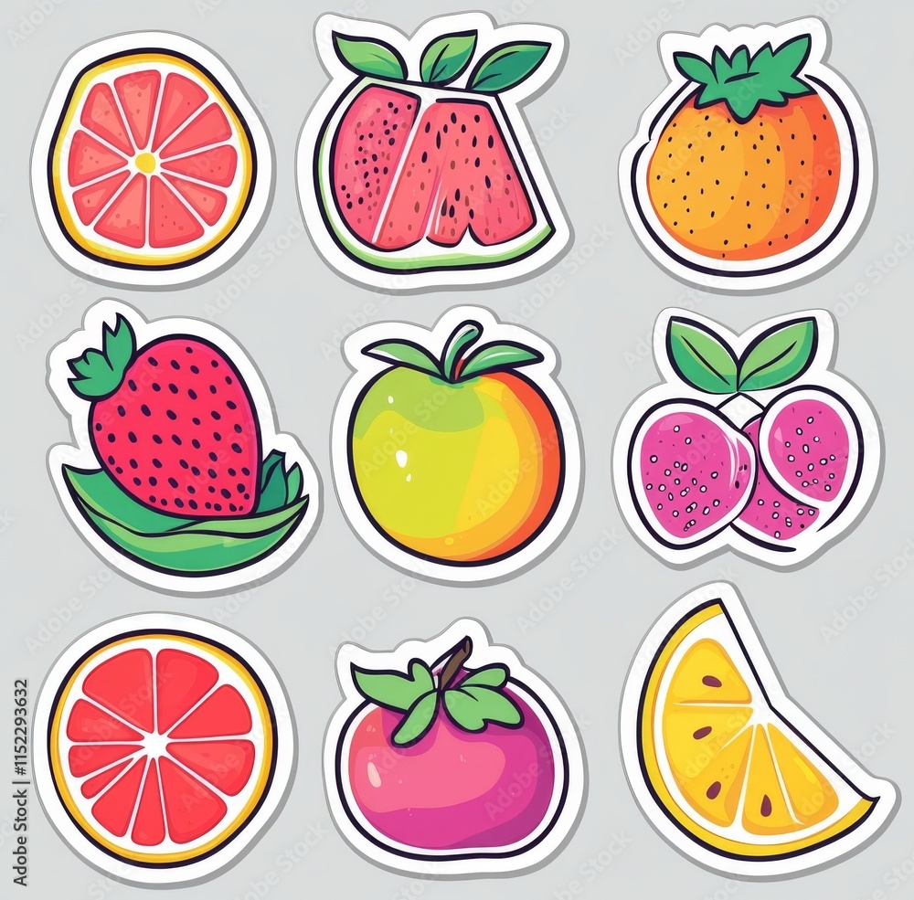Sticker set of colorful fruits with white borders, sticker sheet style ...