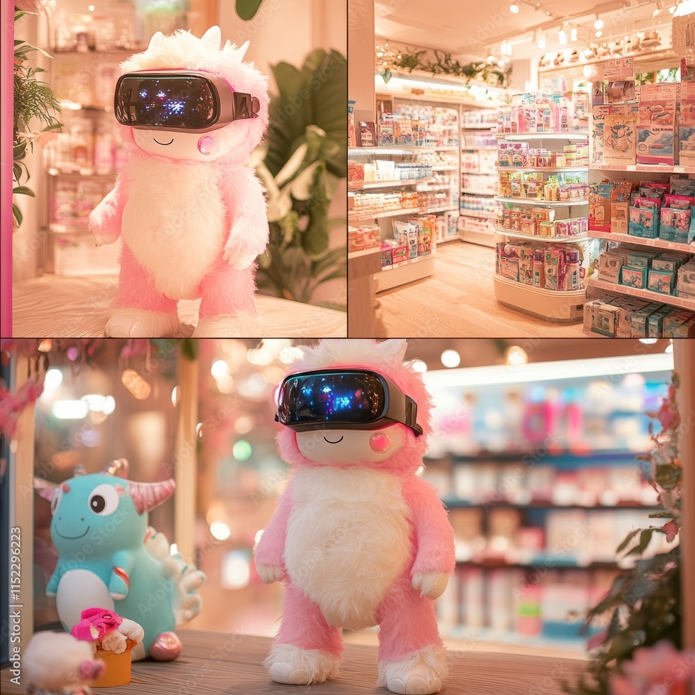 The photo shows four different images of an AI robot with pink and ...