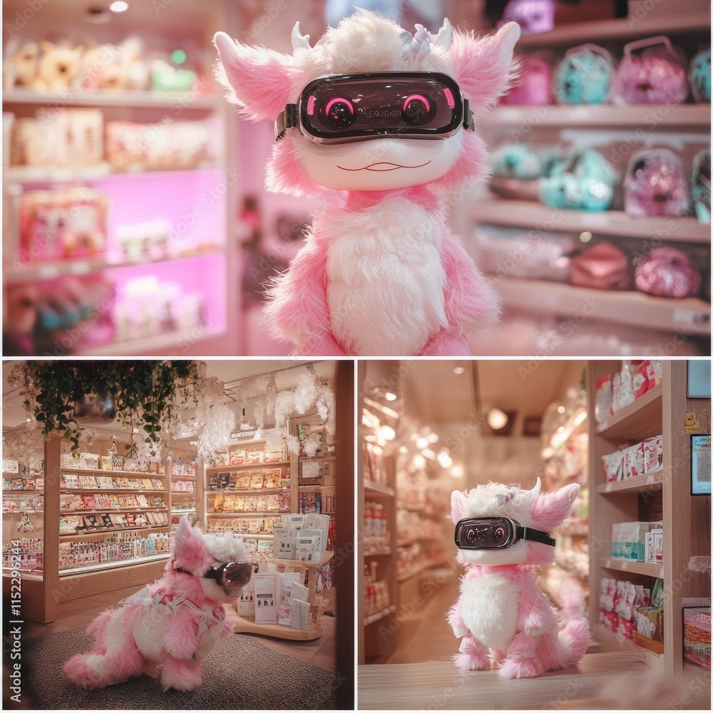 The photo shows four different images of an AI robot with pink and ...