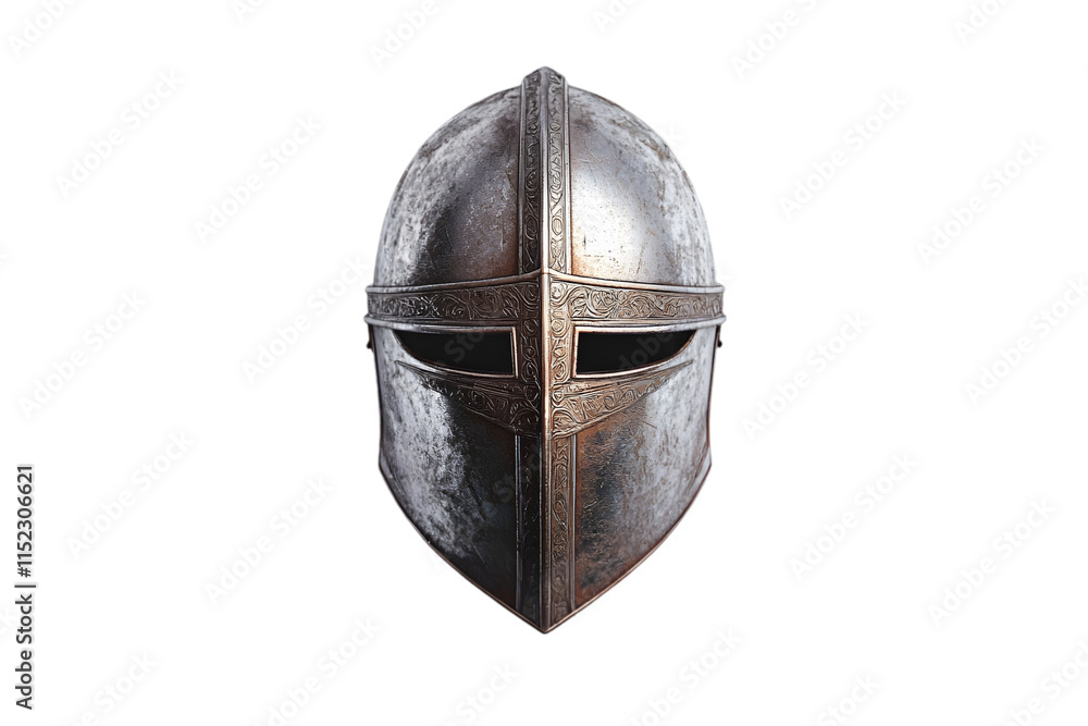 Head of a medieval knight's helmet with intricate designs captured ...