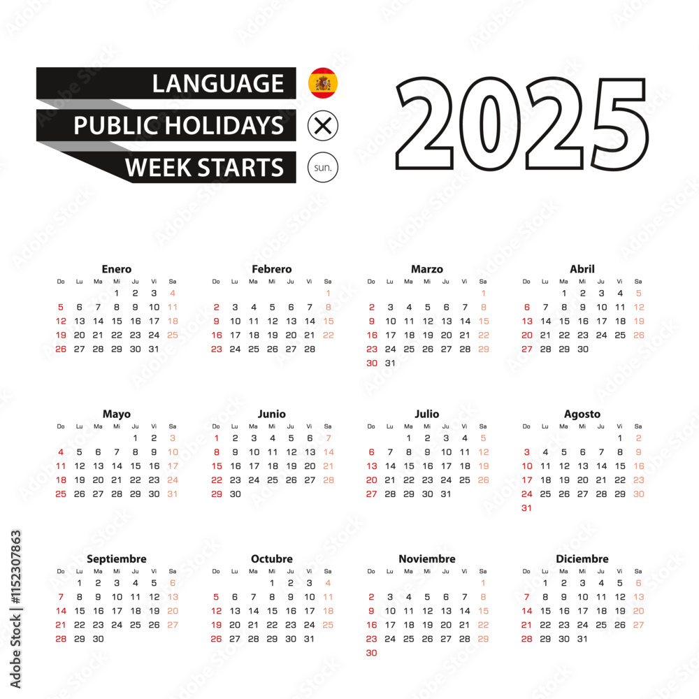 2025 calendar in Spanish language, week starts from Sunday. Stock ...