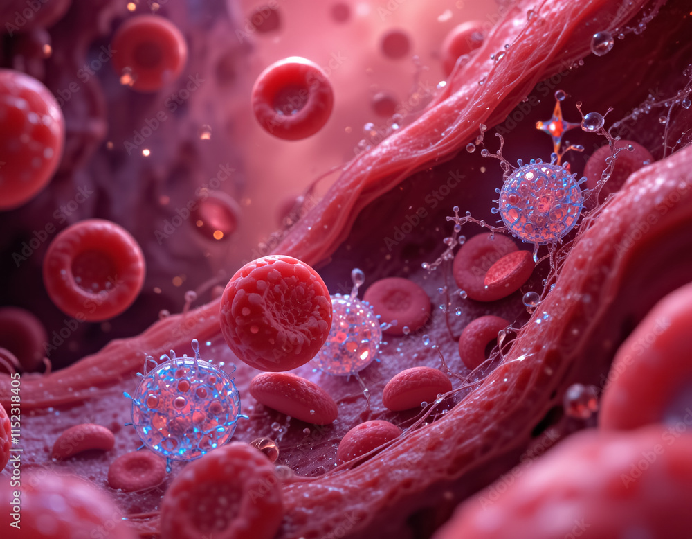 3D microscopic view of red blood cells and viruses in the bloodstream ...