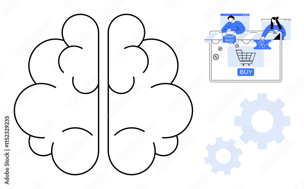Brain outline beside a tablet showing online shopping activity with ...