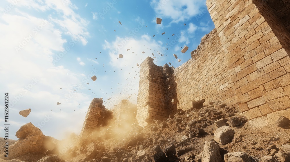 Destruction of Jericho. Crumbling medieval castle fort walls. Stock ...