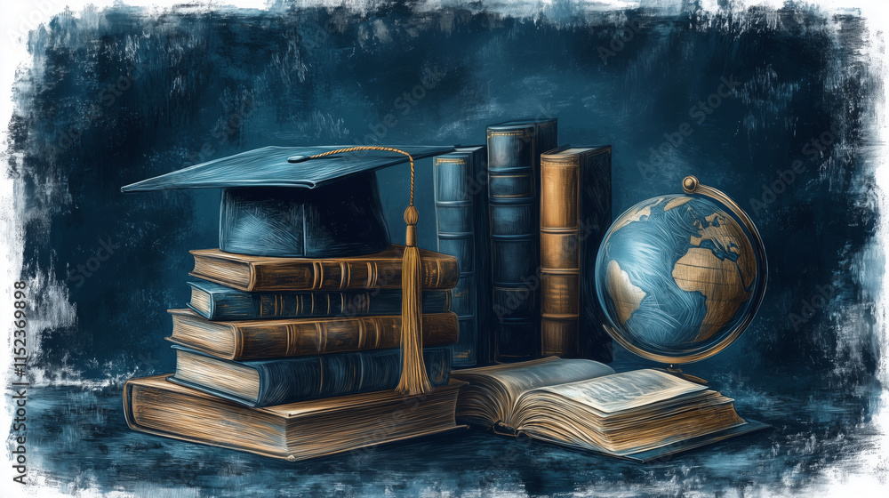 Graduation cap on stack of books with globe and open book celebrating ...