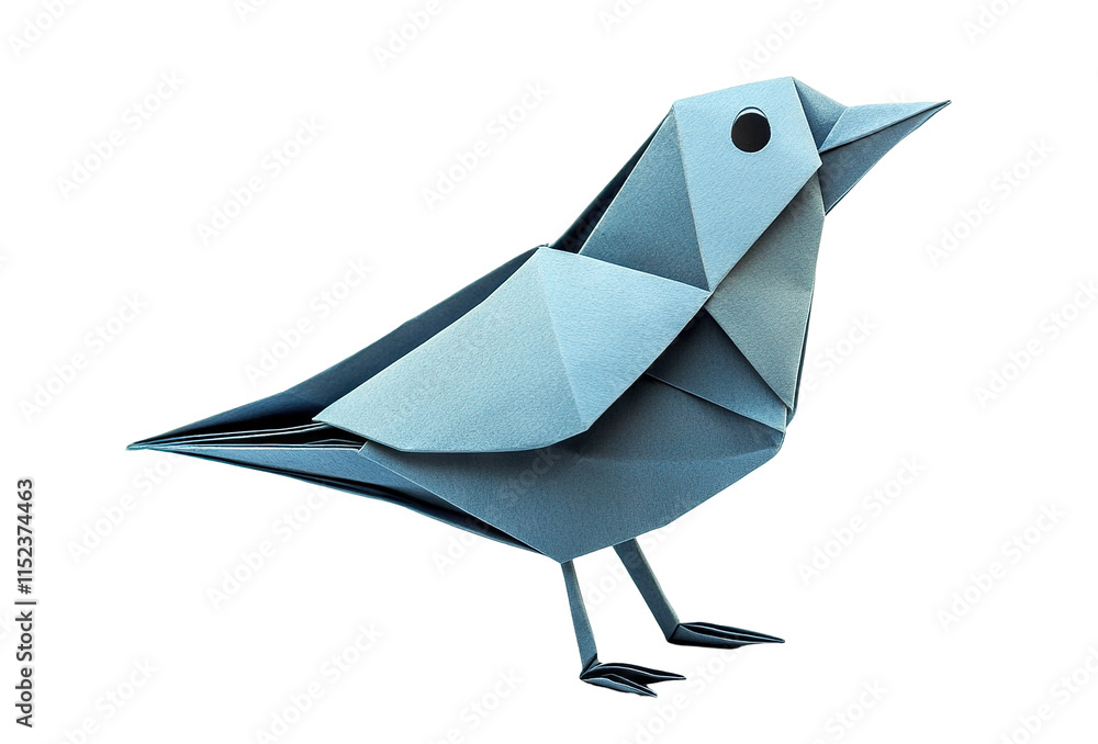 Handcrafted blue paper bird origami art, isolated on transparent cutout ...