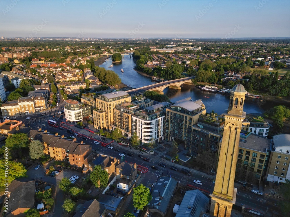 Aerial drone view of Kew Bridge over river Thames and a steam brick ...