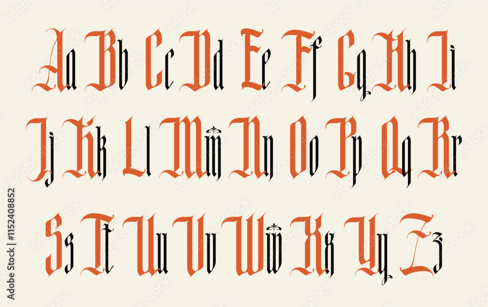 Gothic font. Full set of capital and small letters of English alphabet ...