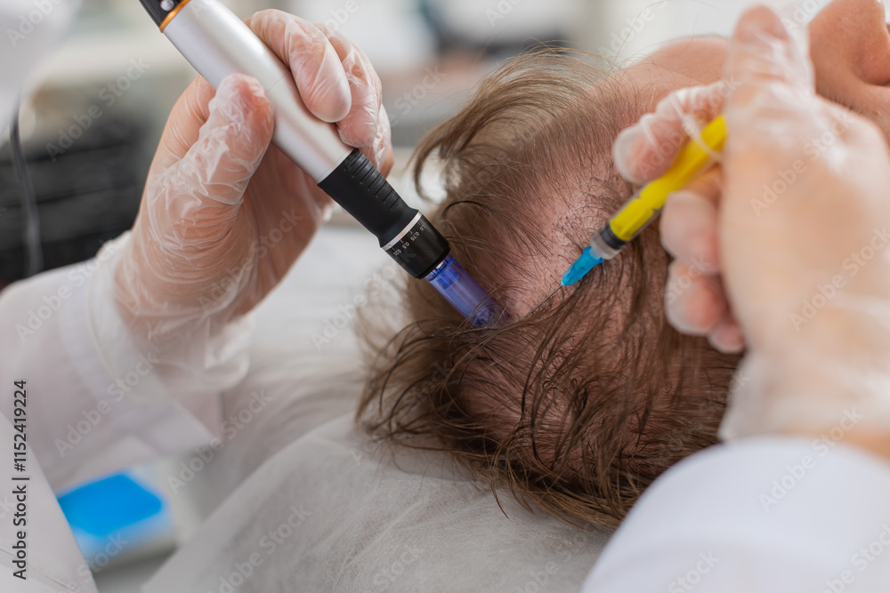 Alopecia. Man hair loss improve growth treatment regeneration, dermapen ...