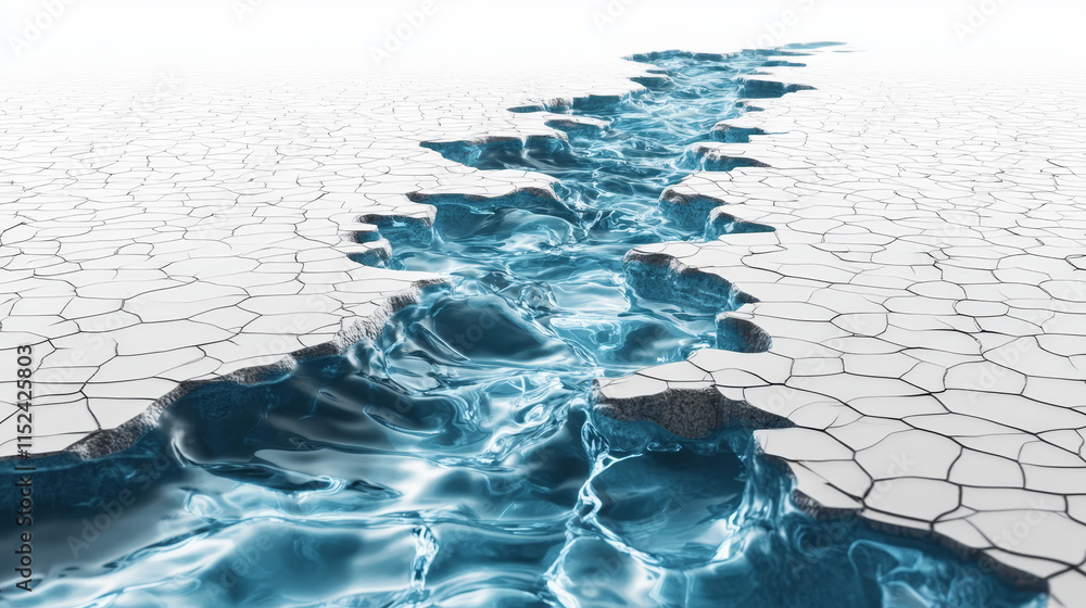 Cracks with water surface texture inside. Breaks in ground or ice with ...