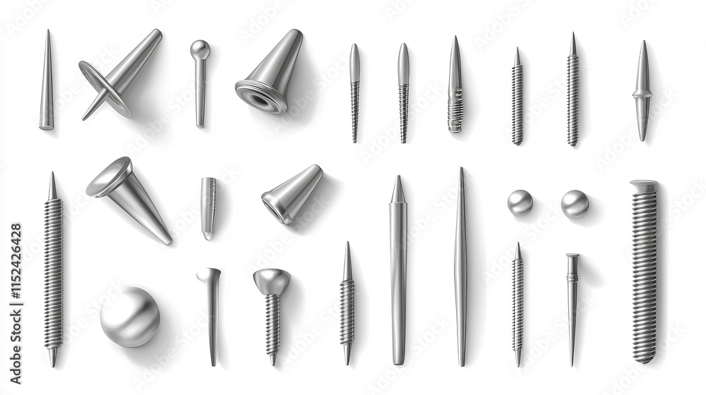 Nails hammered into wall, steel or silver pin heads, straight and bent ...