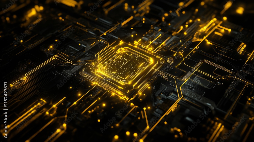 AI semiconductor with neon yellow artificial intelligence logo in the ...