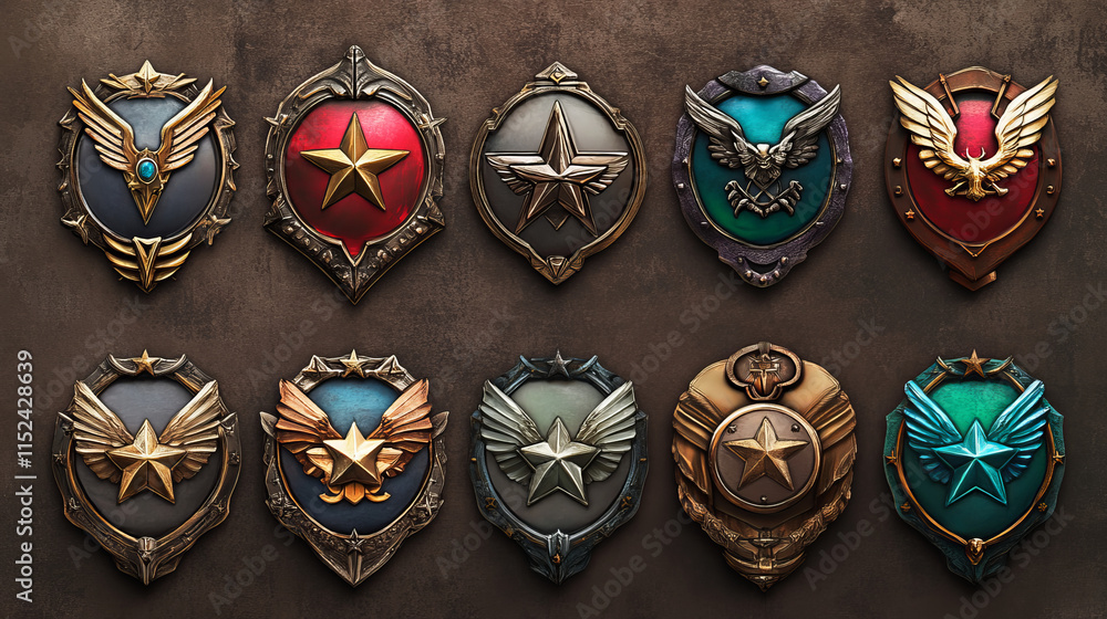 Military game ranking badge set with star insignia. Vector cartoon ...