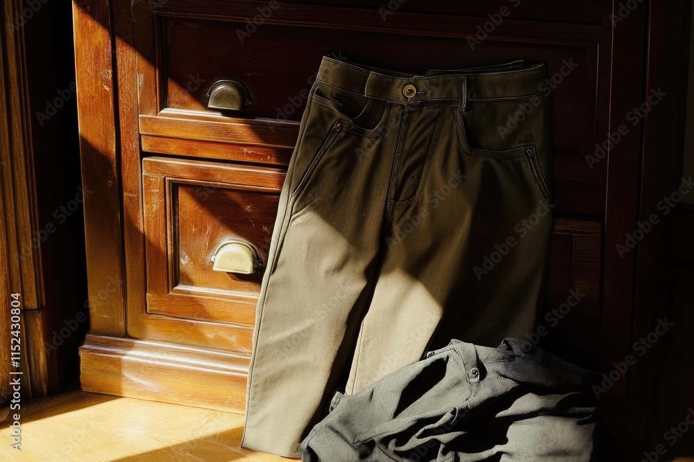A pair of pants resting on the floor beside a dresser, perfect for use ...