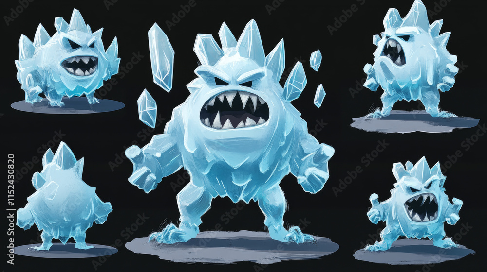 Ice golem character in different poses isolated on black background ...