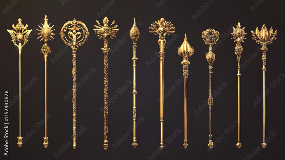 Gold royal scepters, king and queen wands. Vector realistic set of ...