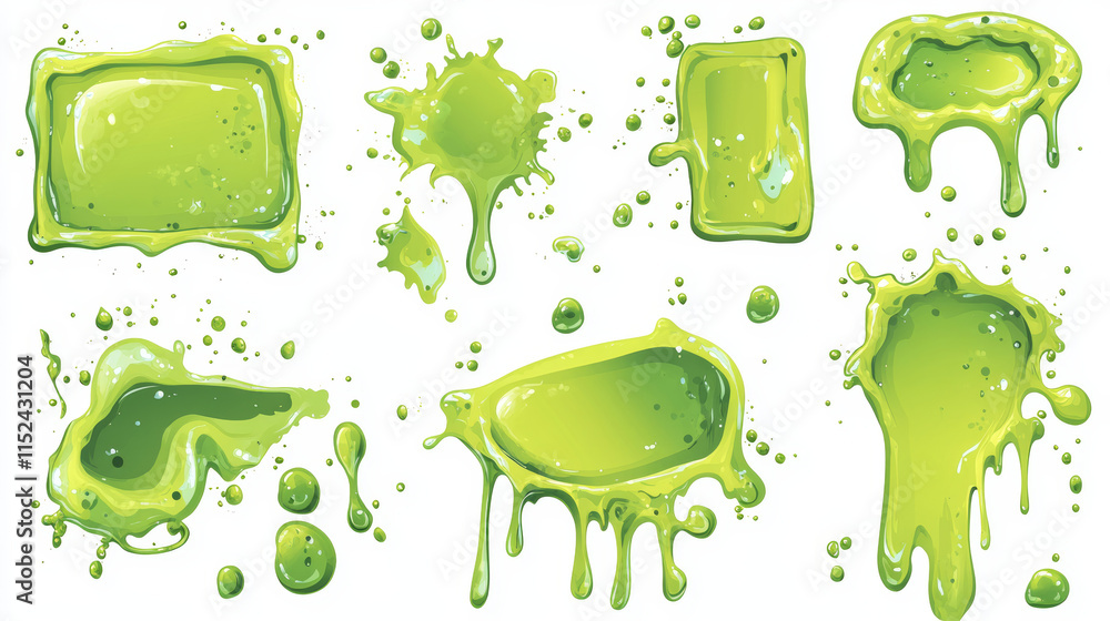 Green slime frames and elements isolated vector set. Liquid toxic ooze ...