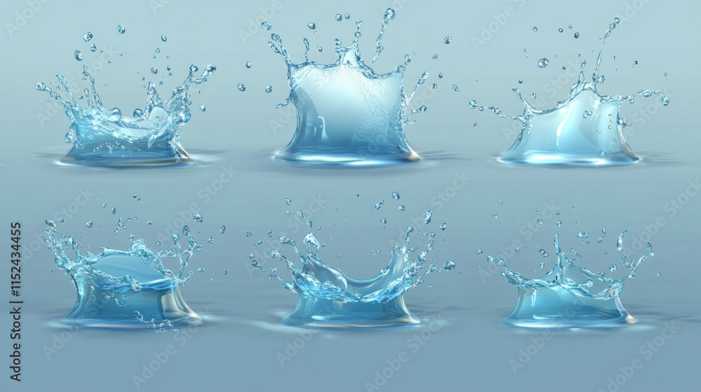 Water splash set. Aqua liquid in shape of crown and dynamic motion ...