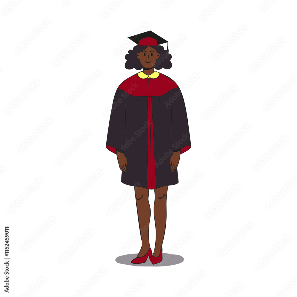 Graduate black female student wearing gown and cap standing. Flat ...
