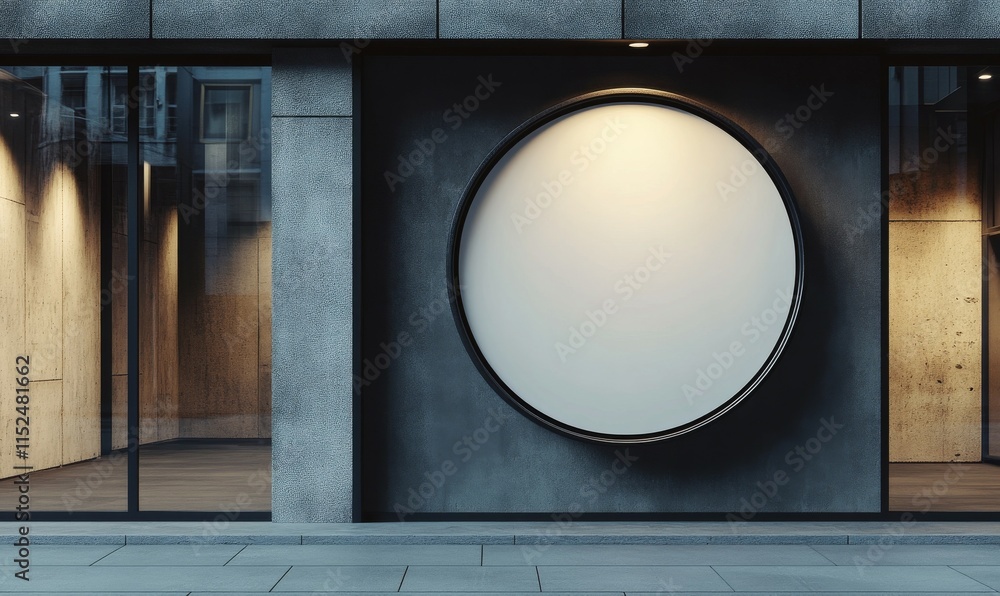 Display mockup of a circular sign board with a brand name. Empty shop ...