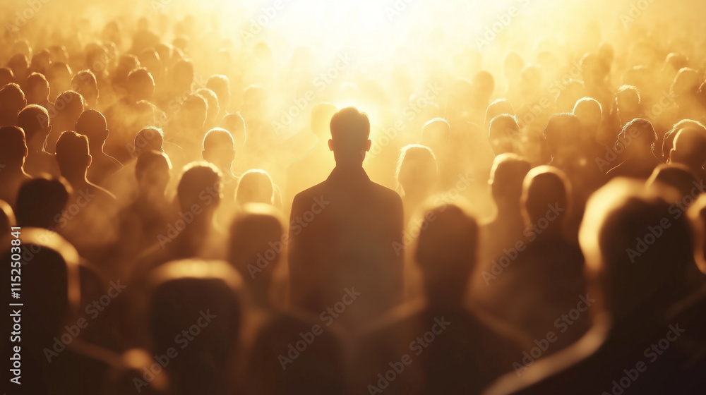 Crowd of people with one highlighted individual standing out ...