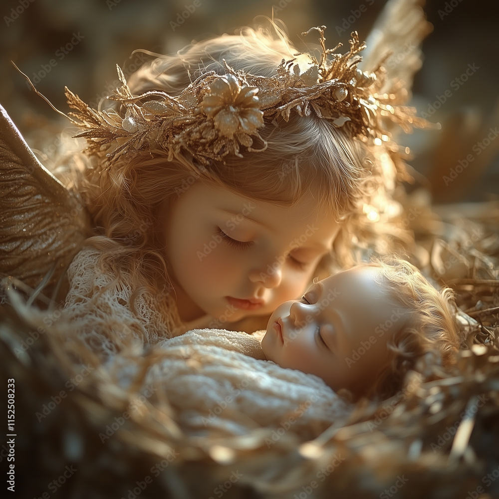 A gentle angel fell asleep next to baby Jesus, soft golden light ...