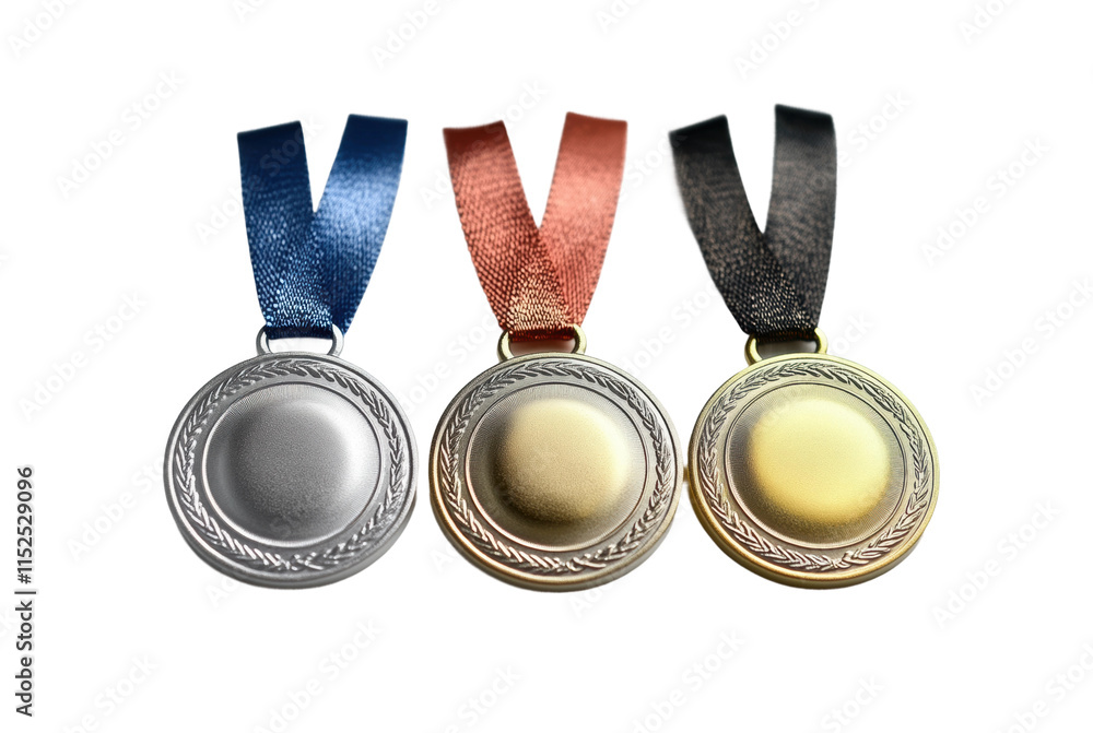 Gold, silver, and bronze medals with ribbon straps, award recognition ...