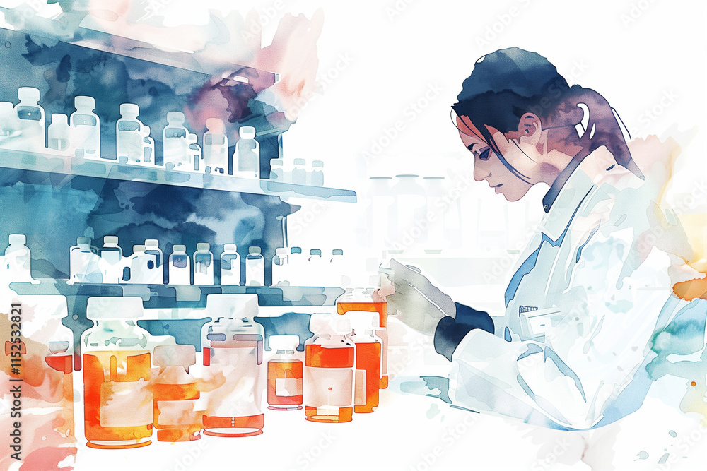 Watercolour style illustration of a female pharmaceutical lab scientist ...