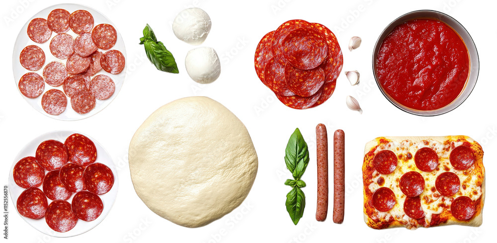 pizza ingredients laid out on a transparent background. including ...
