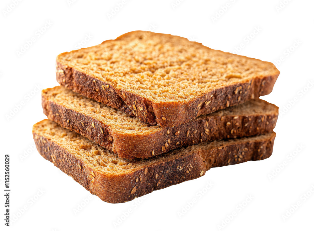 Stack of toasted whole grain bread slices with golden crust, isolated ...