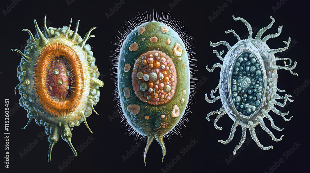 Three distinct examples of archaebacteria showcasing unique ...