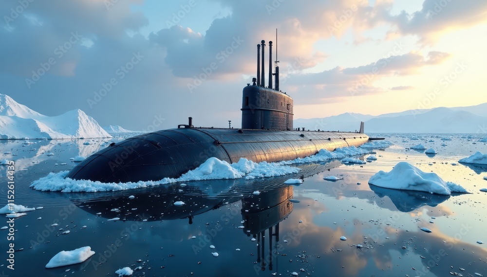 Arctic nuclear submarine submerged, ice floes visible, submarine, ice ...