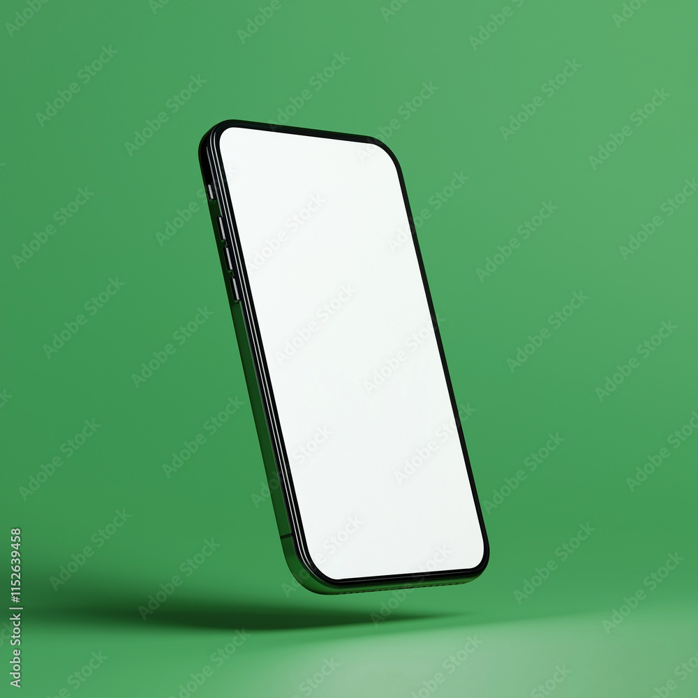 Smartphone mockup with blank white screen appears to be floating in the ...