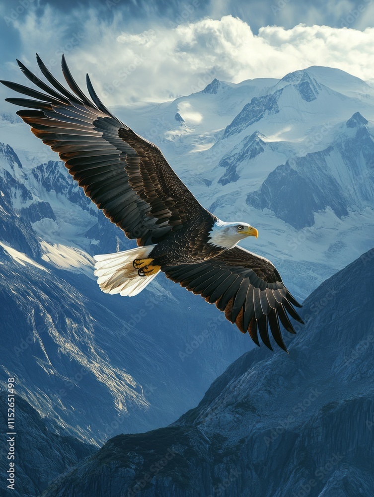Majestic Bald Eagle Soaring Over Snowy Mountains Stock Photo | Adobe Stock