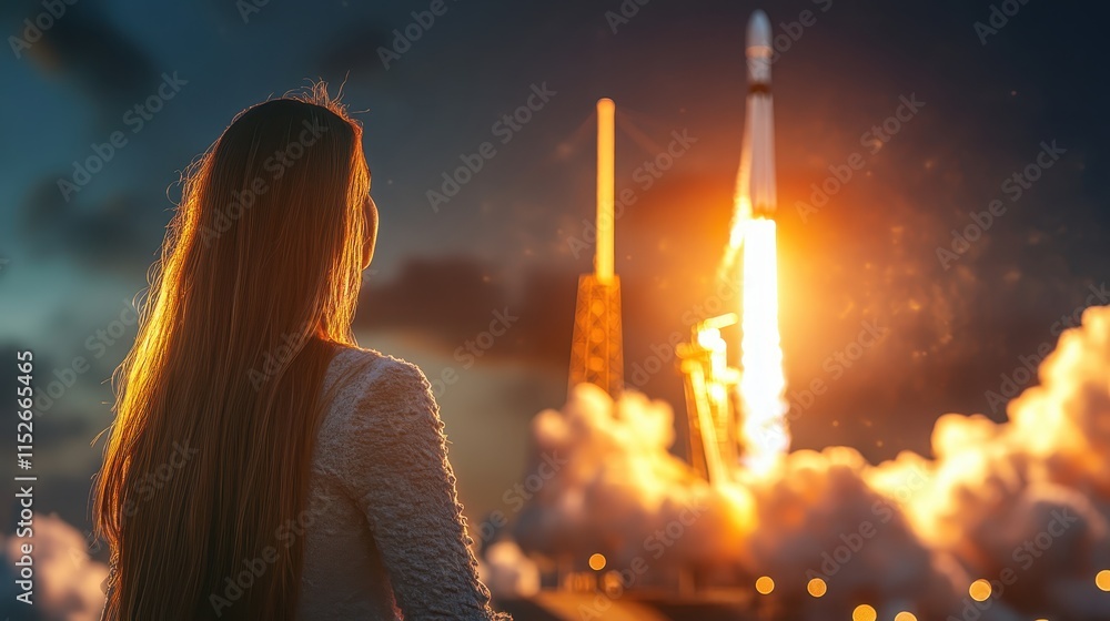 A family watching a private rocket launch from a viewing platform ...