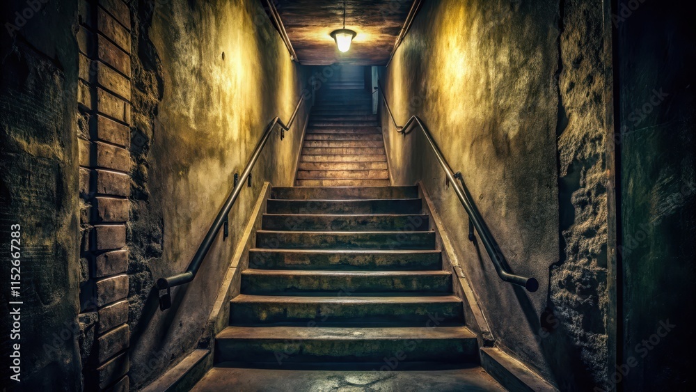 Dark and eerie staircase leading down into a cellar , spooky, old ...