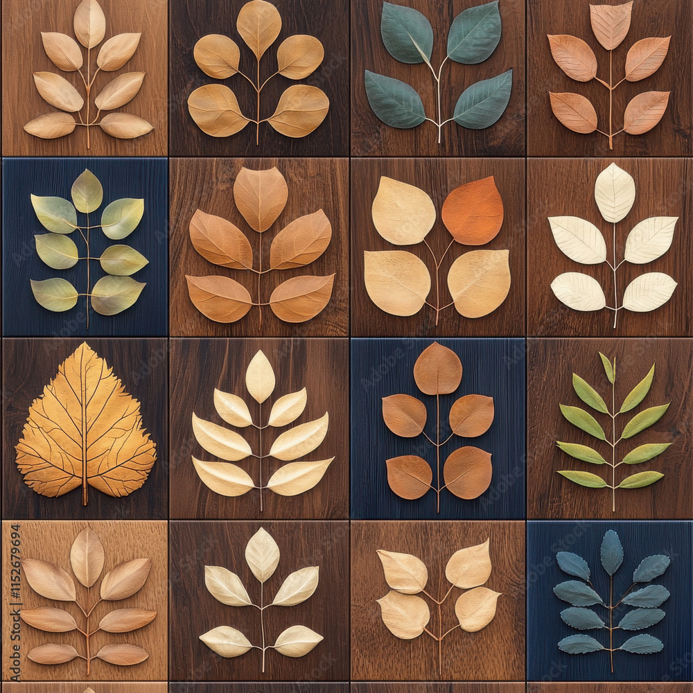 Natural leaf patterns arranged on wooden backgrounds create harmonious ...