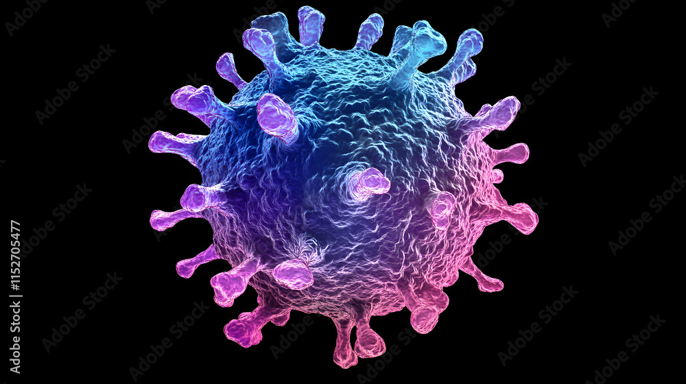 A detailed close-up of vibrant virus particles in blue and purple hues ...
