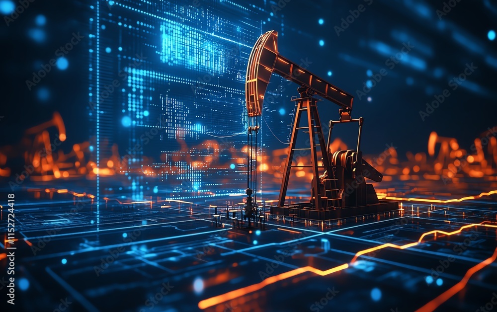 Oilfield with active pump jack, futuristic digital chart showing oil ...