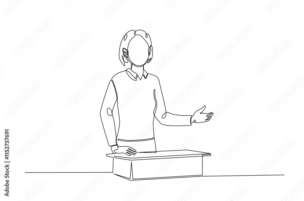 Businesswoman speaking at the podium continuous one line drawing ...