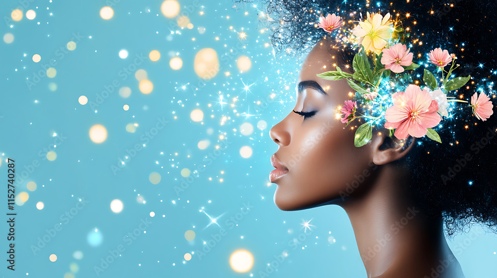 whimsical depiction of woman profile with flowers and sparkles Stock ...