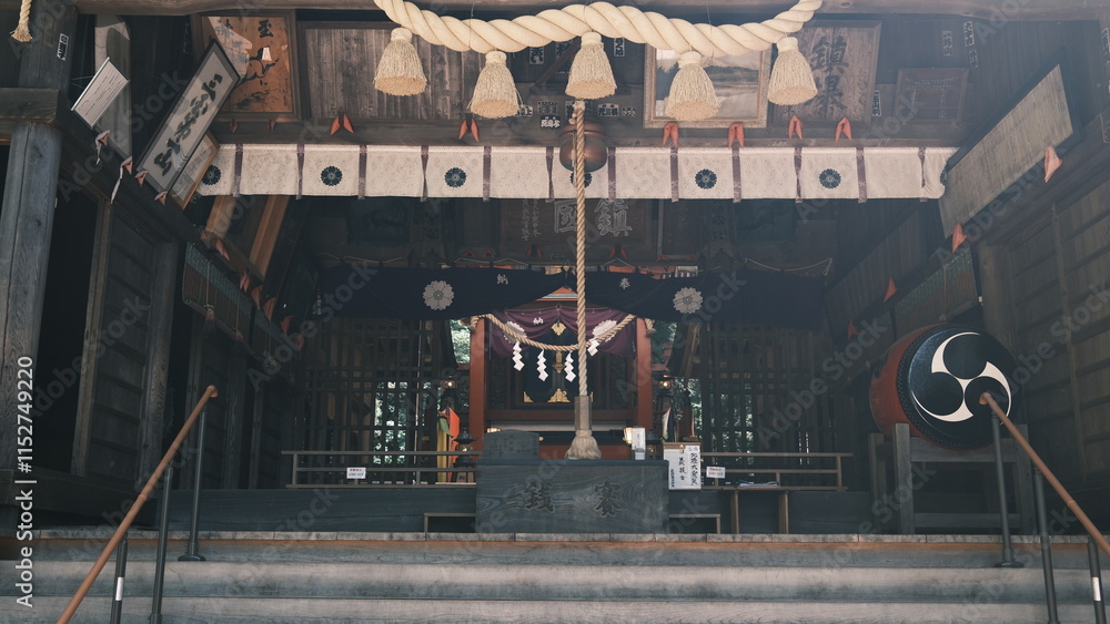 FujiKawaguchiko, Japan- May 17 2024: Japanese shrine inside the forest ...