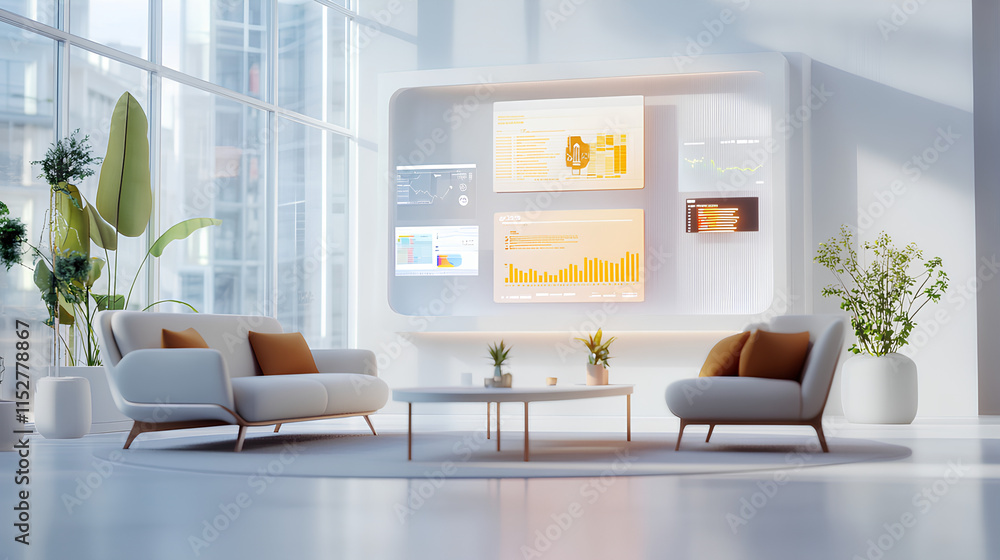 Futuristic hybrid meeting room with augmented reality displays, virtual ...