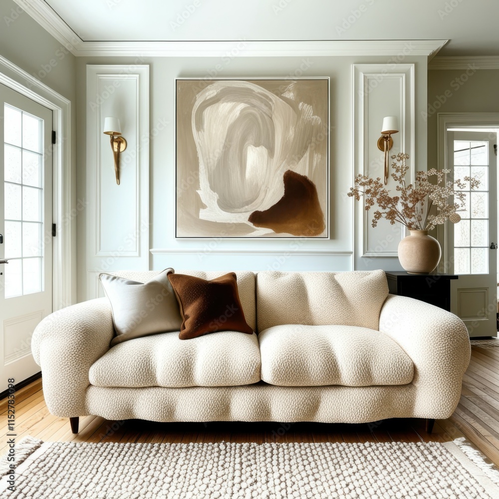 Elegant living room, neutral color palette, large circular artwork ...