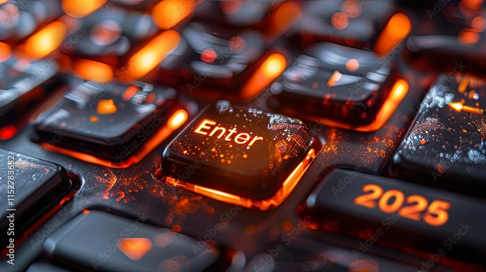 Glowing Keyboard with "Enter" Key and "2025" in Focus, Sci-Fi Aesthetic ...