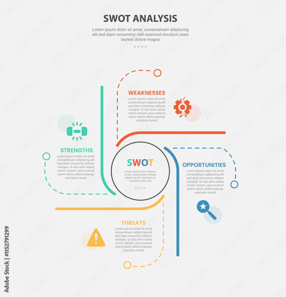 SWOT analysis infographic outline style with 4 point template with ...